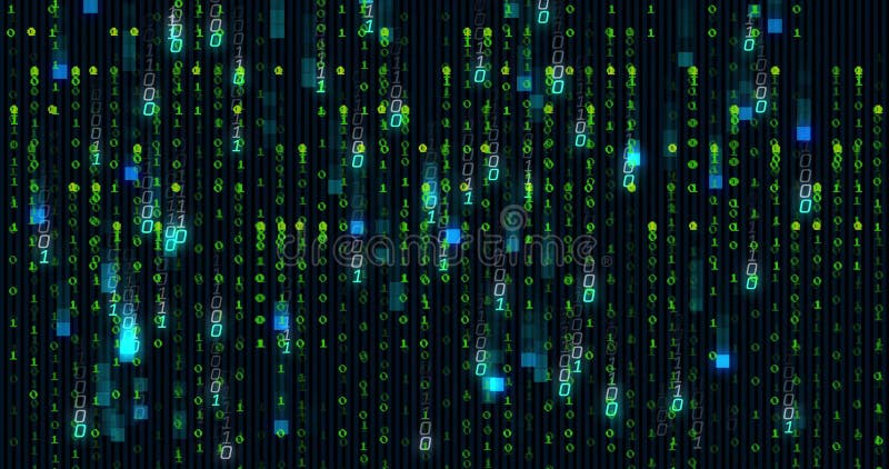 Sparse Green Binary Digits Appearing, Falling with Teal Blocks Clustering Representing Data Flow ...