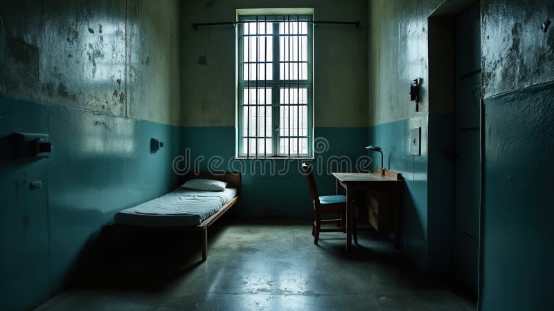 Sparse Prison Cell with Bed, Desk, and Window, Showcasing a Sense of ...