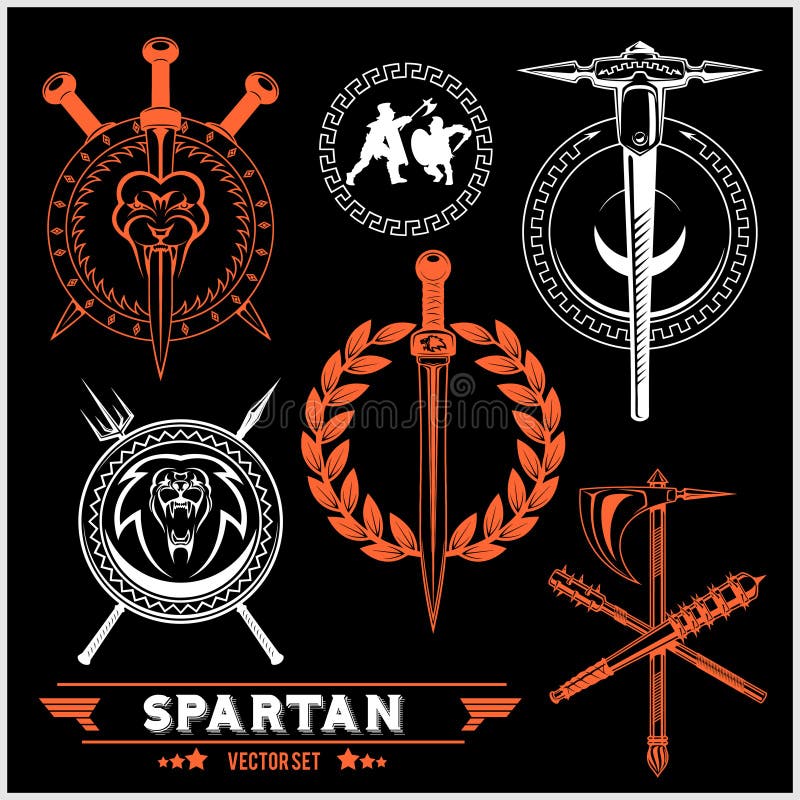 Set of the Spartan Warriors Helmets and Design Elements for Emblem Stock Vector - Illustration ...