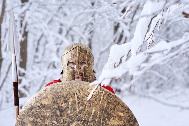 Brave Spartan in Winter Forest Looks in Camera . Stock Image - Image of ...