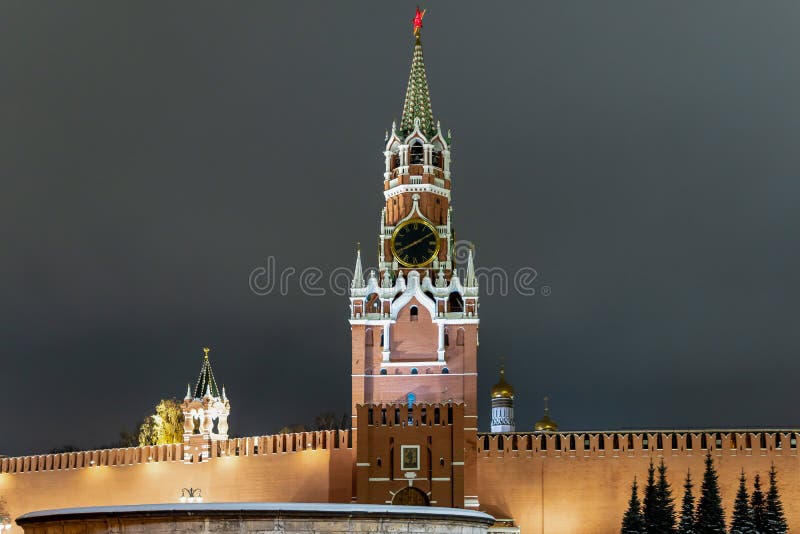 Spasskaya Tower on Red Square in Moscow at Night Stock Image - Image of ...