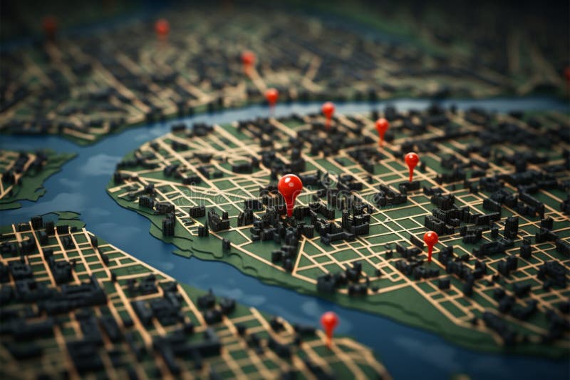 Spatial Elegance 3D Rendering, City Map, Red Pin Marks Location Stock ...