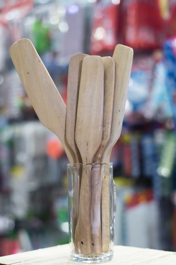 Spatula Made of Wood, Plugged into a Glass, Handle Facing Up, Behind ...