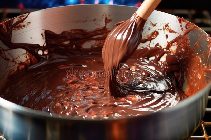 A Spatula Stirring Melted Chocolate for the Tempering Process Stock ...
