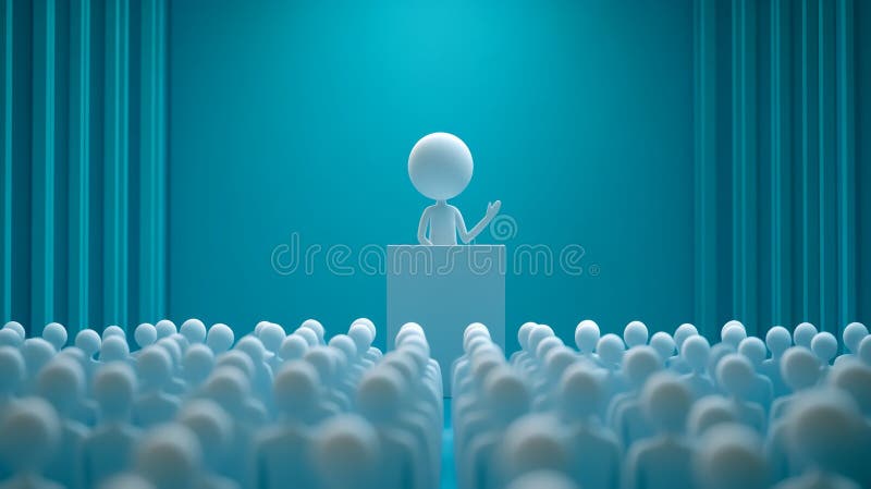 A Speaker Addresses an Audience of Stylized Figures in a Blue-lit ...