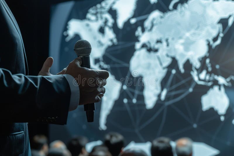 Speaker Addressing an Audience with Microphone and World Map Background ...
