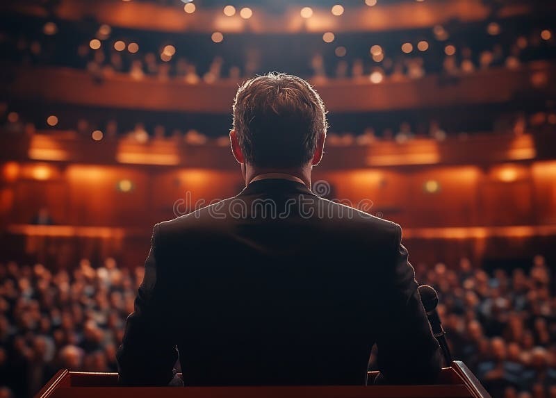 Speaker Addressing a Large Audience from a Podium in a Grand Auditorium ...