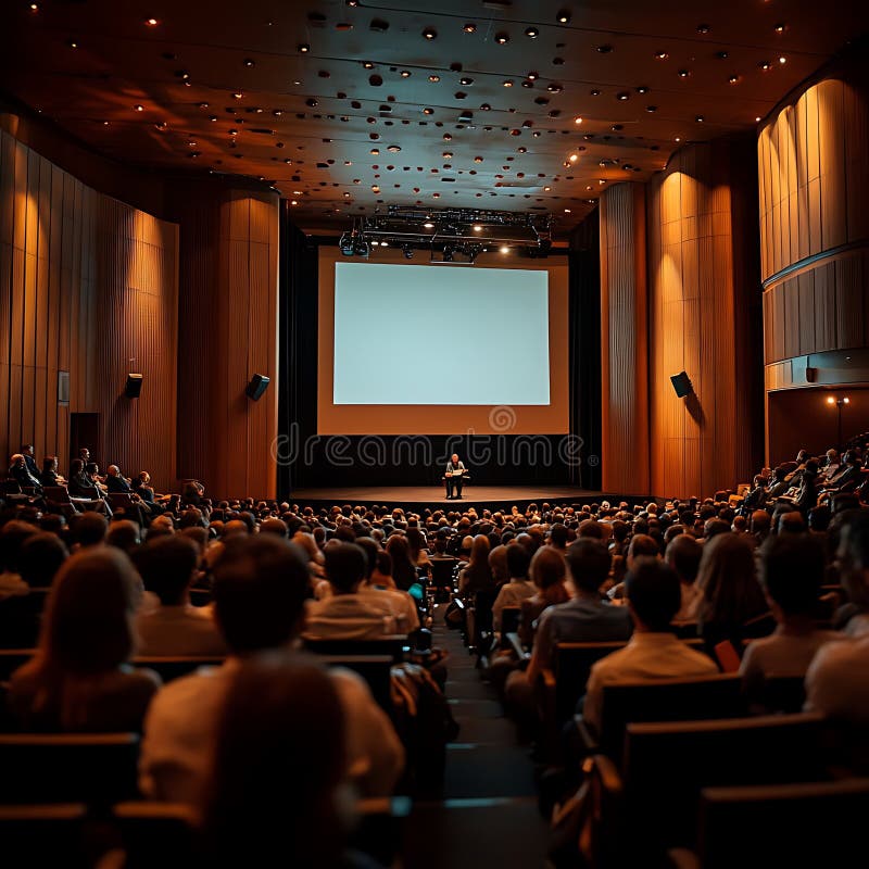 A Speaker Engaging a Crowd during a Presentation in a Modern Auditorium ...