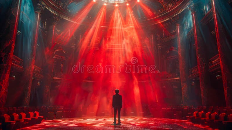 Speaker Facing a Large Audience in a Theater, Illuminated by Dramatic ...