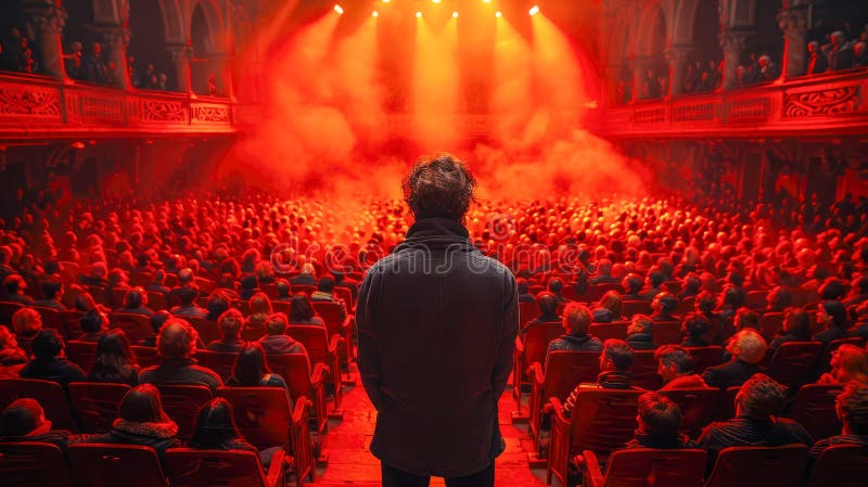 Speaker Facing a Large Audience in a Theater, Illuminated by Dramatic ...