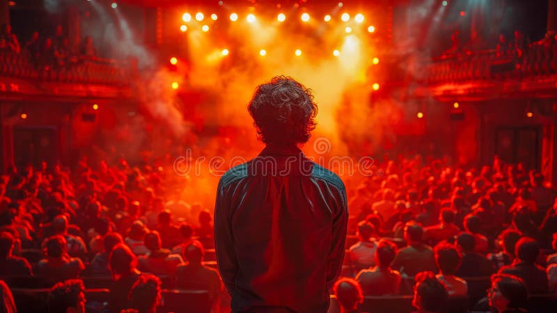 Speaker Facing a Large Audience in a Theater, Illuminated by Dramatic ...