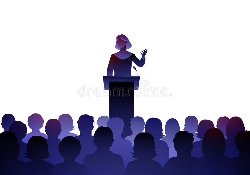 Female Public Speaker on Lectern in Front of Audience. Stock Vector ...