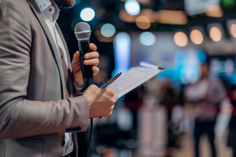 Speaker Holding a Microphone and Notes Stock Illustration ...