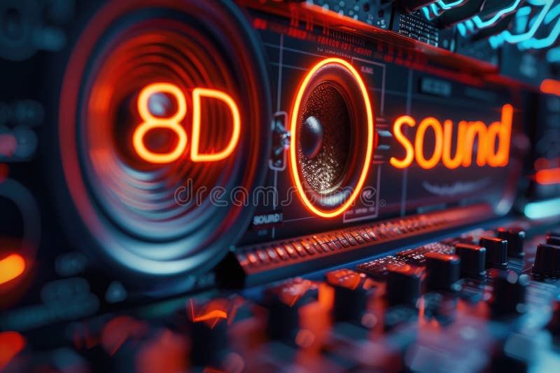 Speaker Illuminated by Neon Orange Lighting with the Text 8D Sound ...
