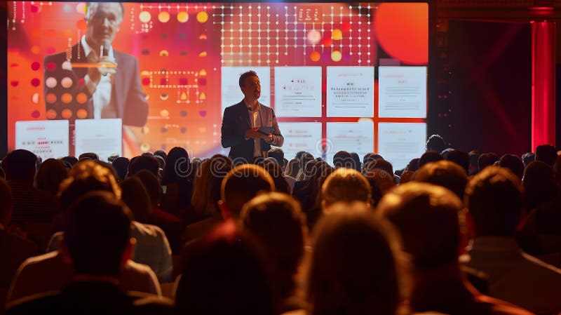 Speaker Presenting at a Large Conference with a Multimedia Backdrop ...
