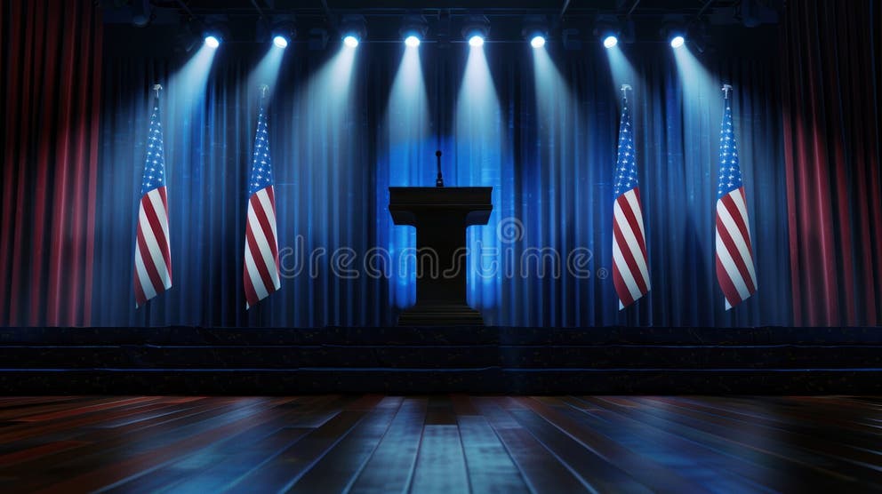 A Speaker Presenting at a Podium with a Backdrop of a Convention Banner ...