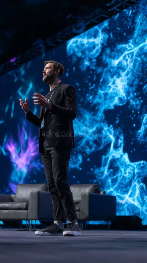 Speaker Presents Insights on Stage at a Technology Conference with ...