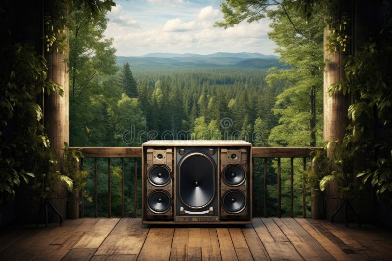 Speaker on a Rustic Wooden Balcony with a View of a Forest Stock Image - Image of communication ...