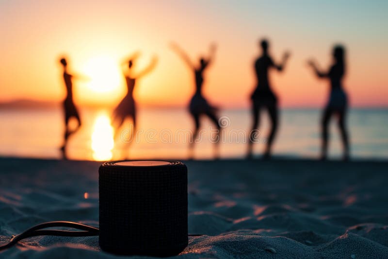 Speaker on Sand with Blurred Silhouettes of People Dancing by the ...