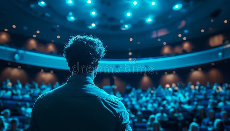 Speaker on Stage at a Conference with Audience in Background Stock ...