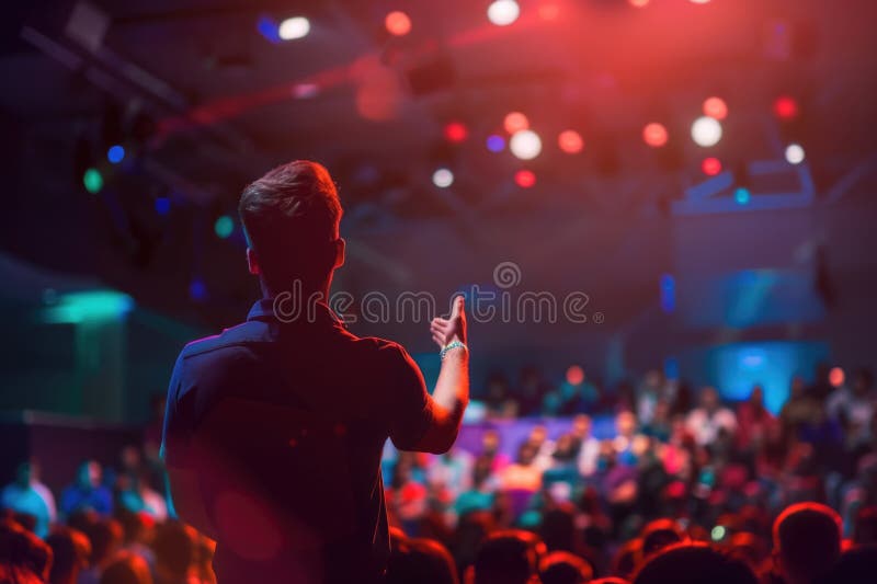 A Speaker Stands before a Crowd, Their Back Turned, Gesturing with ...