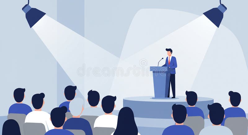 A Speaker Stands on a Round, Elevated Stage Behind a Podium, Addressing ...