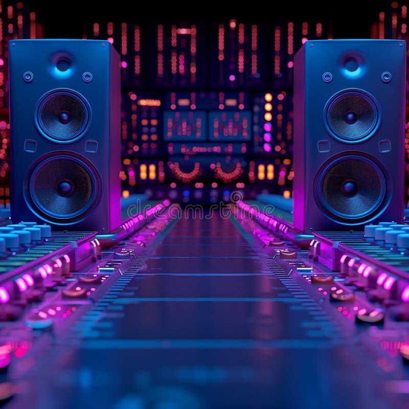 Speaker System in Cyber Themed Setting with Vibrant Blue and Pink Stock ...