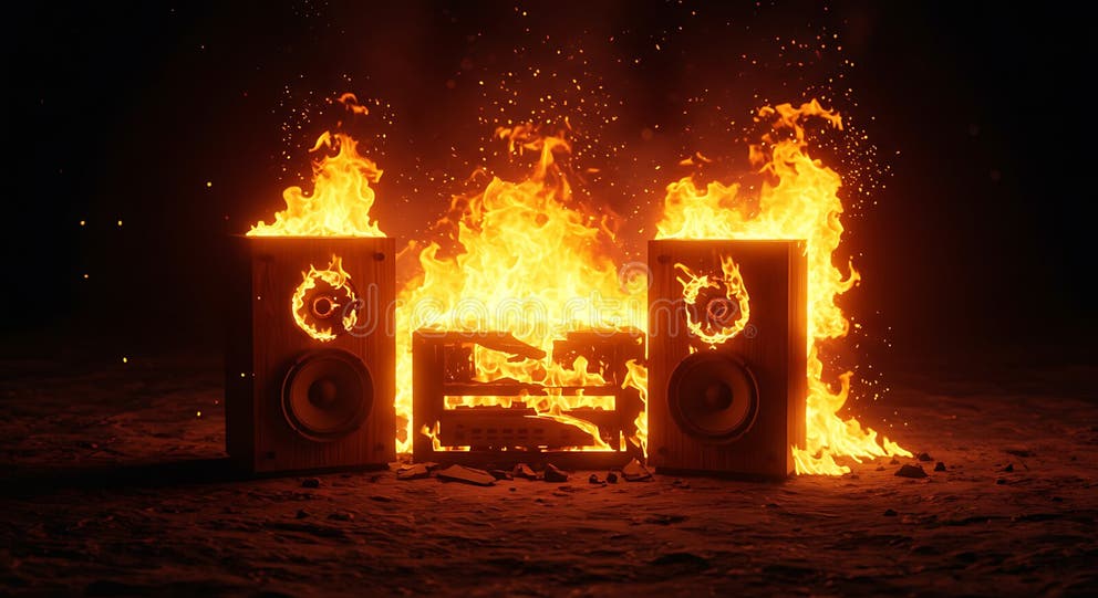 Speakers on Fire with Flames and Sparks in Dark Environment Stock Illustration - Illustration of ...