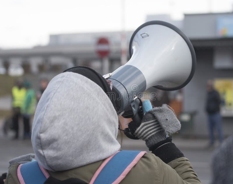 Speaking or Talking into a Megaphone Stock Photo - Image of efficiency ...