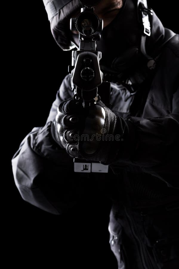 Soldier in Black Mask Targeting with AK47 Rifle Stock Photo - Image of ...