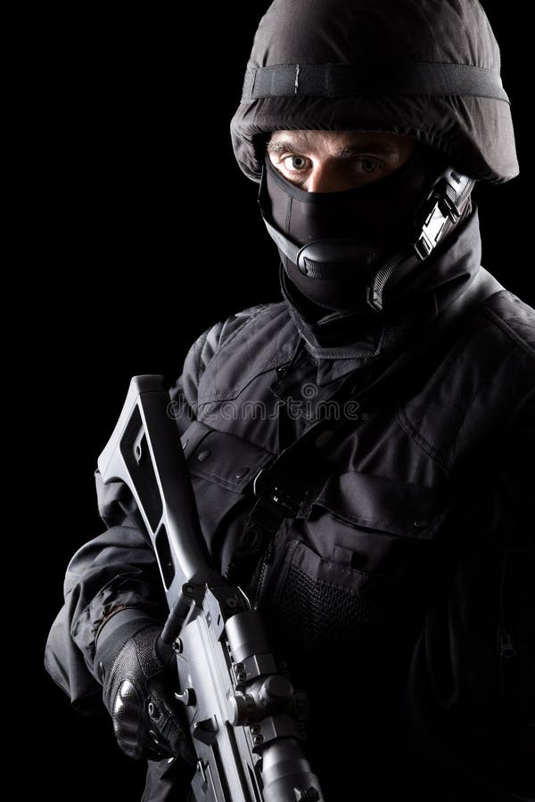 Soldier in Black Uniform with Rifle Stock Image - Image of gunner, male ...