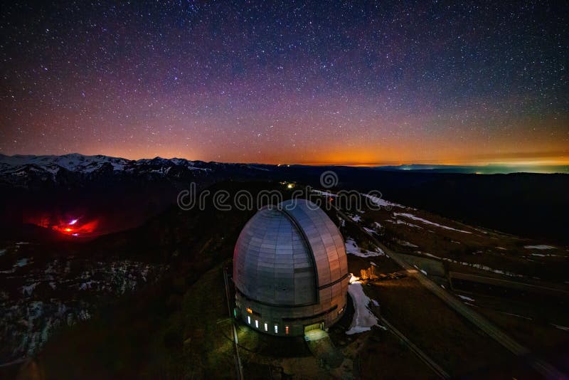 Special Astrophysical Observatory in the Evening. Top View from Drone ...