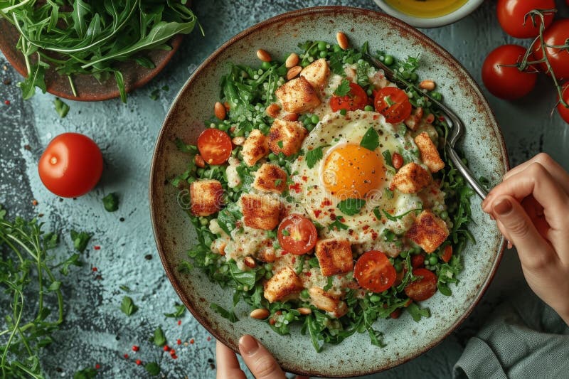 A Special Dish with Meat and Vegetables and Porridge in a Plate on the ...