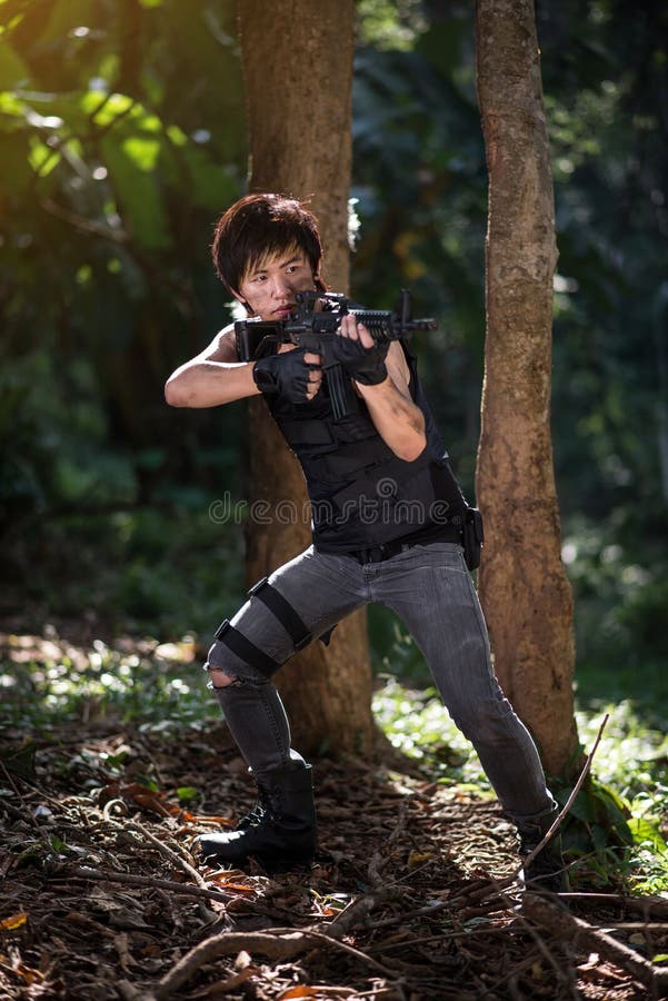 Special Force with the Gun in the Jungle Stock Image - Image of ...
