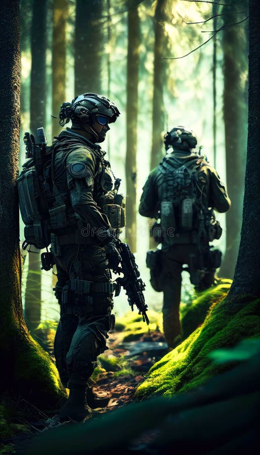 Special Forces Commando Soldiers Navigating Their Way through a Dense Jungle Environment. Clad ...