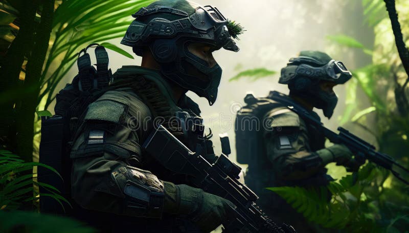 Special Forces Commando Soldiers Navigating Their Way through a Dense ...