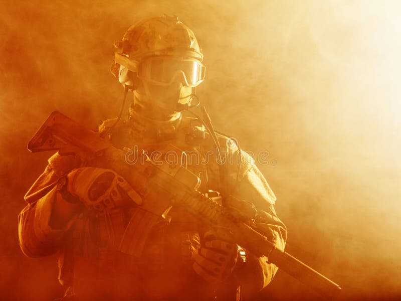 Special Forces Soldier in the Fire Stock Image - Image of armed ...