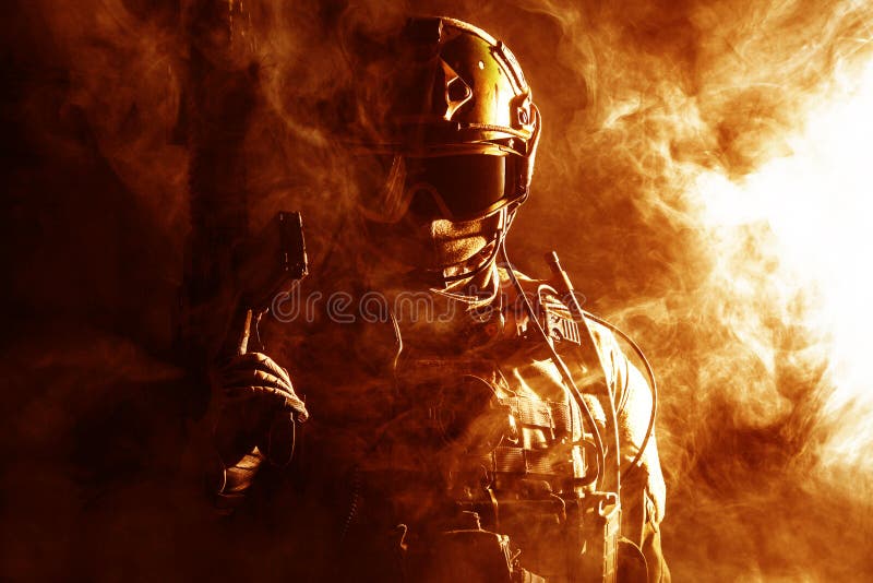 Special Forces Soldier in the Fire Stock Photo - Image of helmet ...