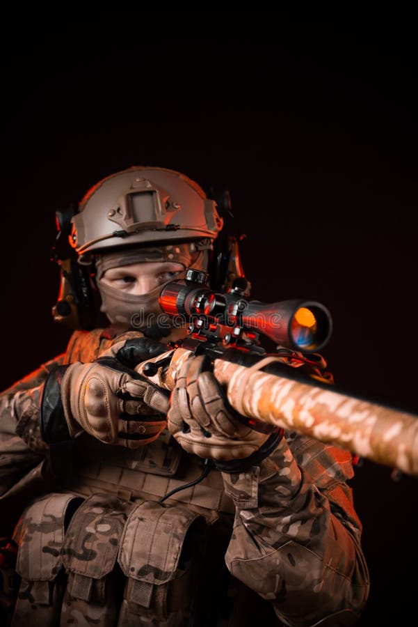 Special Forces Soldier in a Helmet with a Sniper Rifle Stock Photo ...