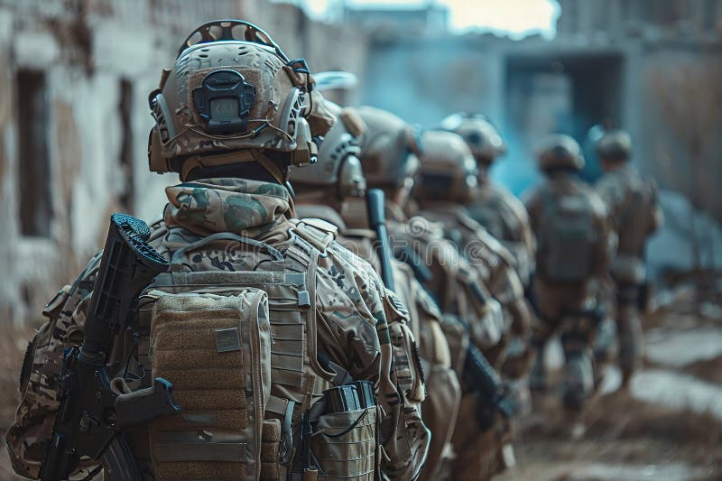 Special Forces Unit in Warzone, Viewed from Behind, in Full Gear Stock ...