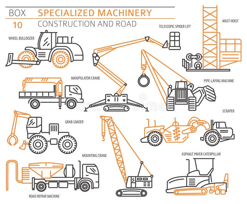 Special Industrial Construction and Road Machine Linear Vector Icon Set ...