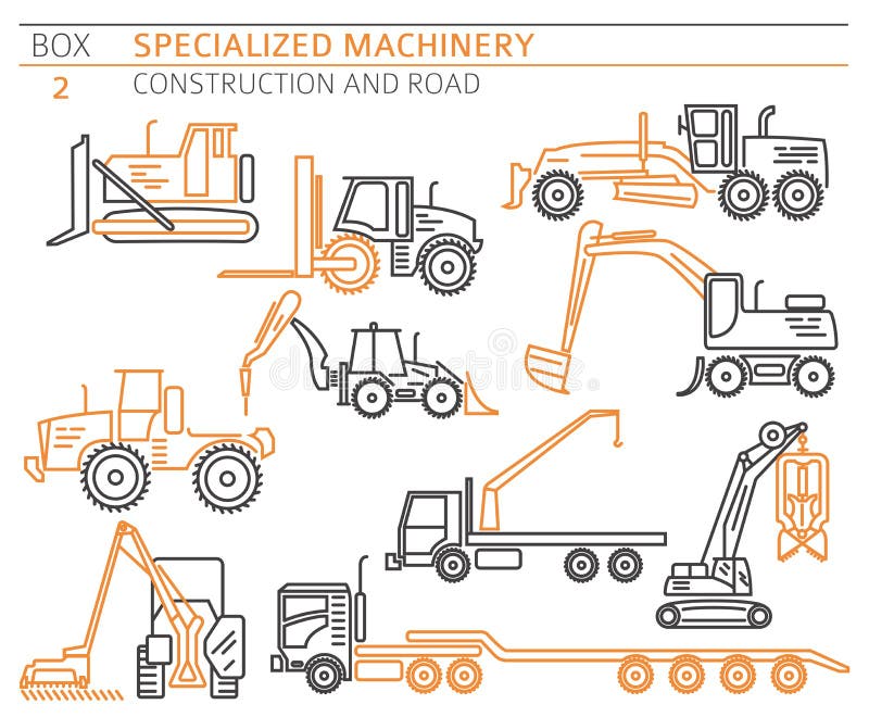 Special Industrial Construction and Road Machine Linear Vector Icon Set ...