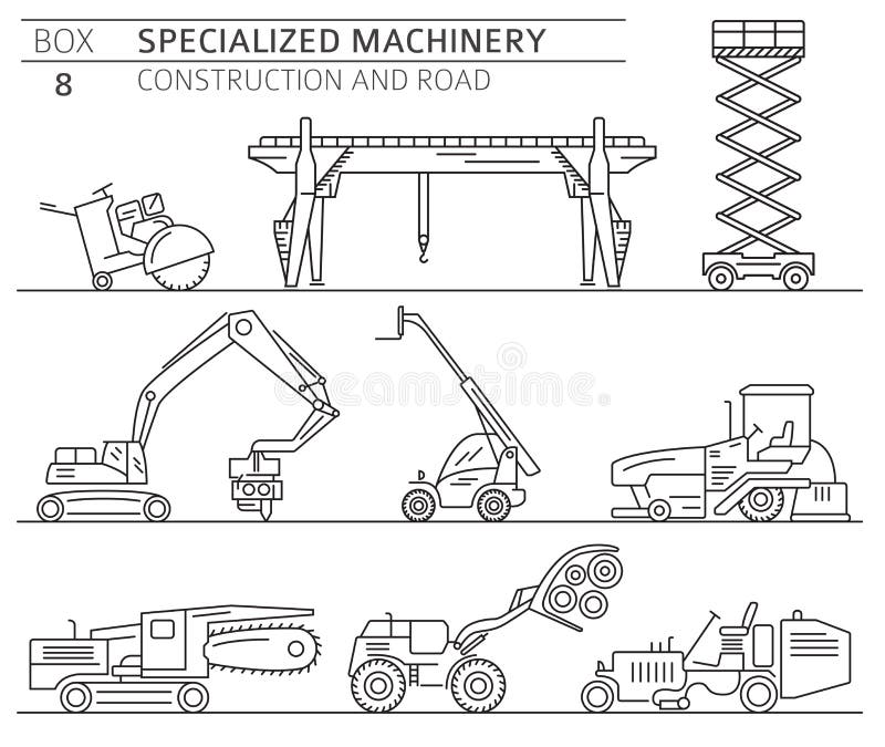 Special Industrial Construction and Road Machine Linear Vector Icon Set ...