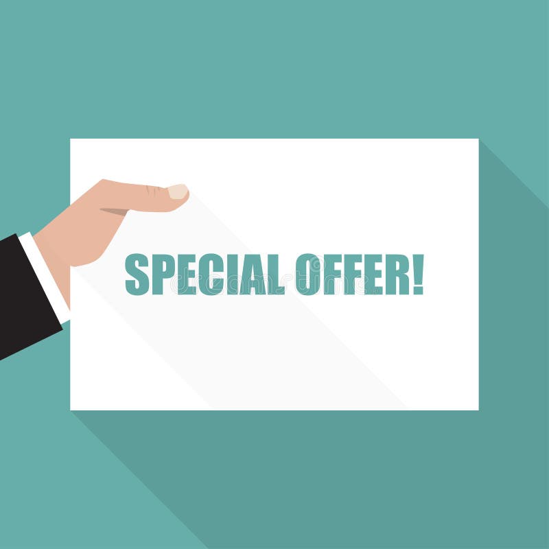 Special Offer. Hand with Sheet of Paper with Long Shadow Stock Vector ...