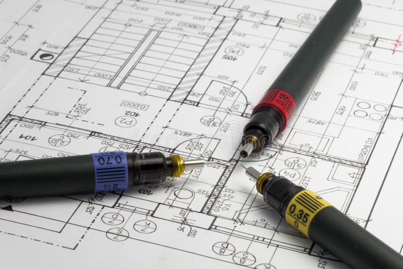 Special Pens for Architect on an Architect Plan Stock Image - Image of ...
