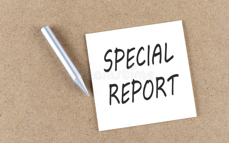 SPECIAL REPORT Text on Sticky Note on Cork Board with Pencil Stock ...