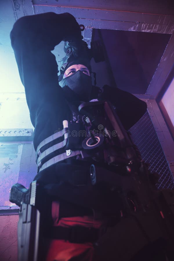 Special Unit Soldier is Putting Gas Mask Stock Photo - Image of protect ...