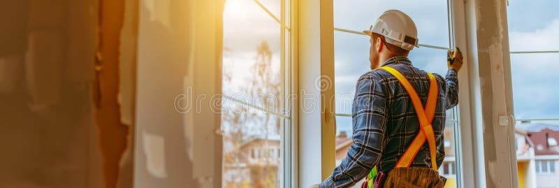 A Specialist Adjusting a Window Frame during Installation, Emphasizing ...