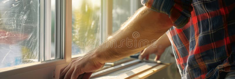A Specialist Adjusting a Window Frame during Installation, Emphasizing ...