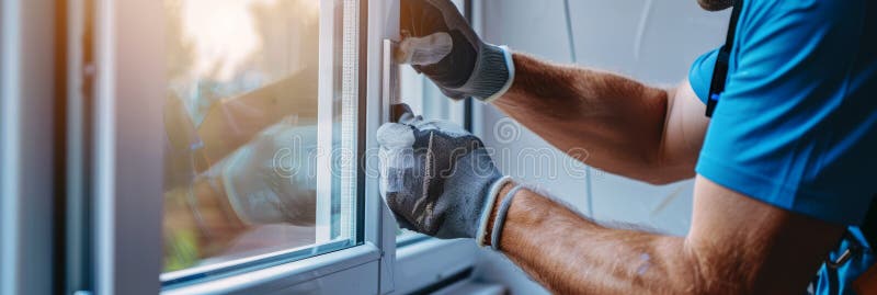 A Specialist Adjusting a Window Frame during Installation, Emphasizing ...